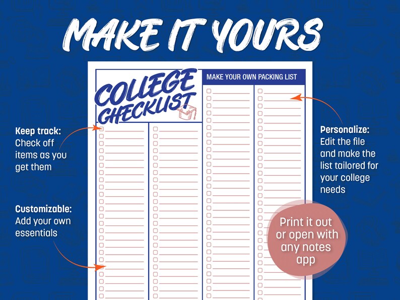 College Packing Checklist - Printable and Digital Planner for Students ...