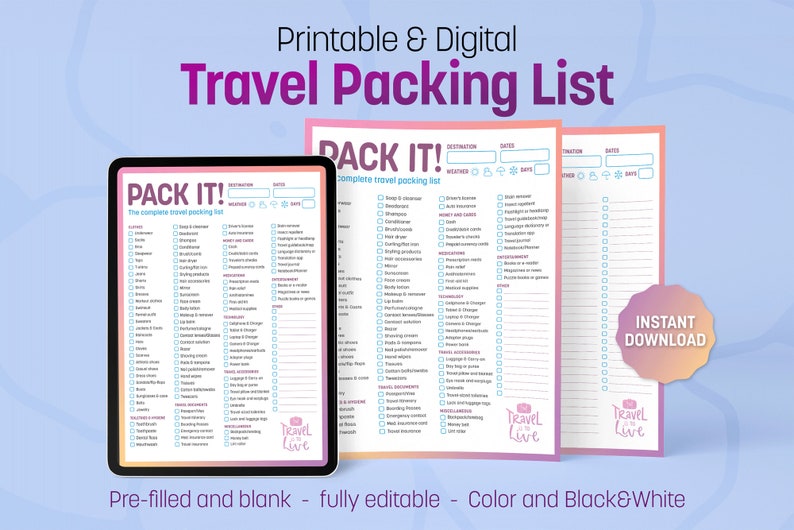 Packing Checklist PRINTABLE, EDITABLE, Travel Checklist, Filled and ...