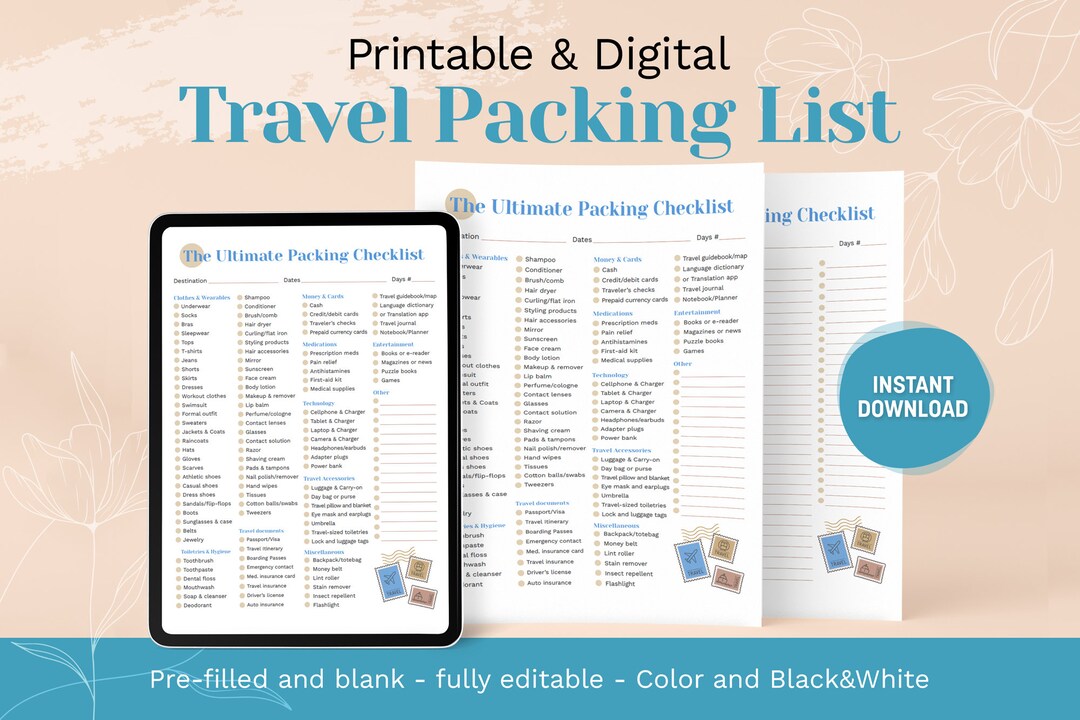 Packing Checklist PRINTABLE, EDITABLE, Travel Checklist, Filled and ...