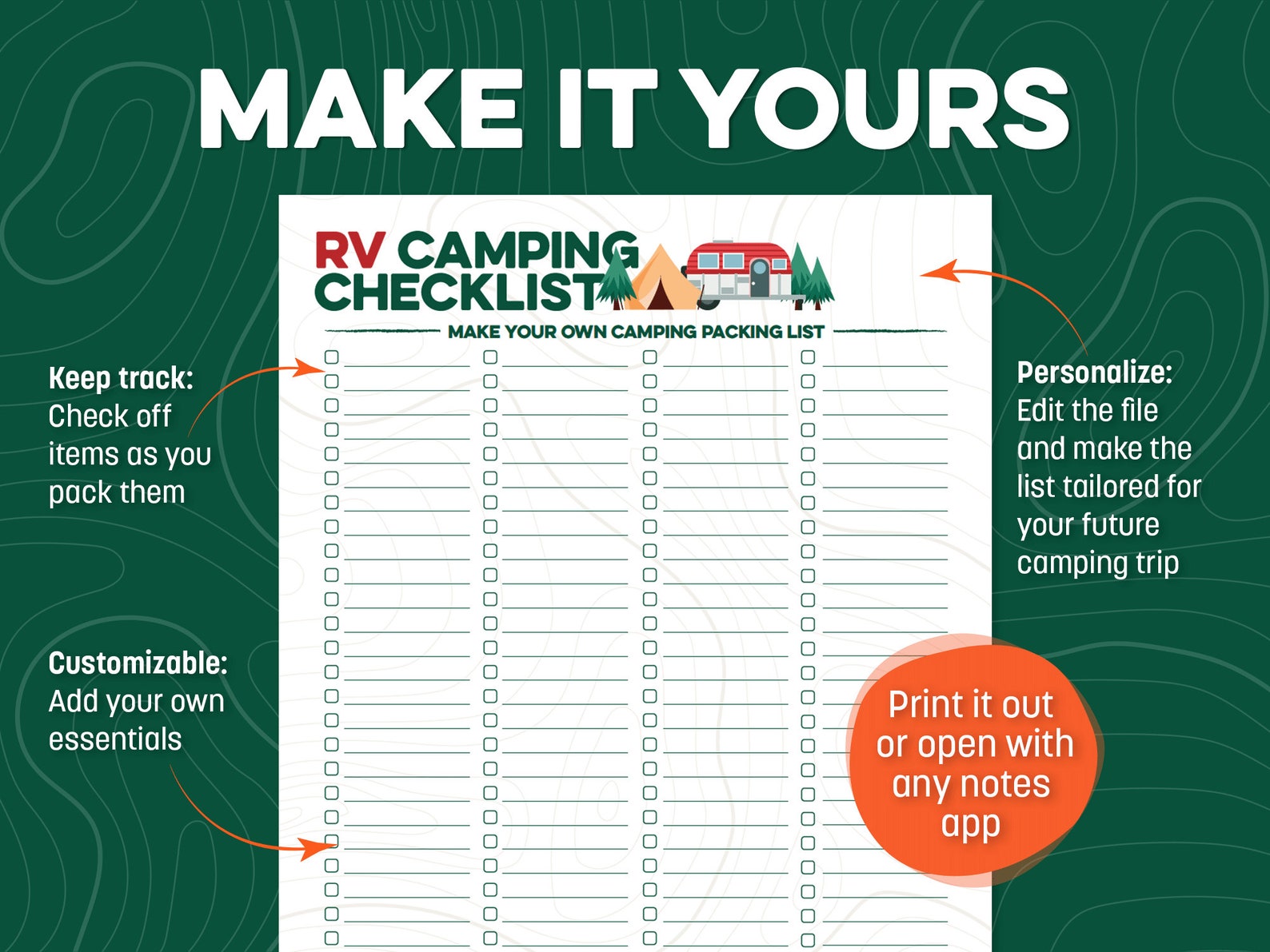 RV Camping Checklist Printable and Digital, Camp Planner/packing ...