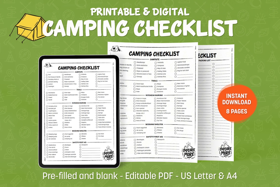 Camping Checklist Editable Printable, Camp Tent Packing List, Pre ...