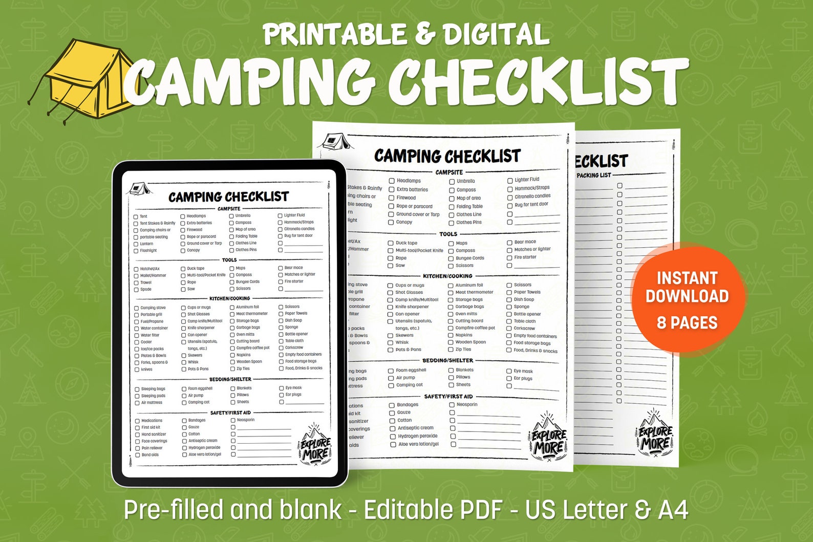 Camping Checklist Editable Printable, Camp Tent Packing List, Pre ...