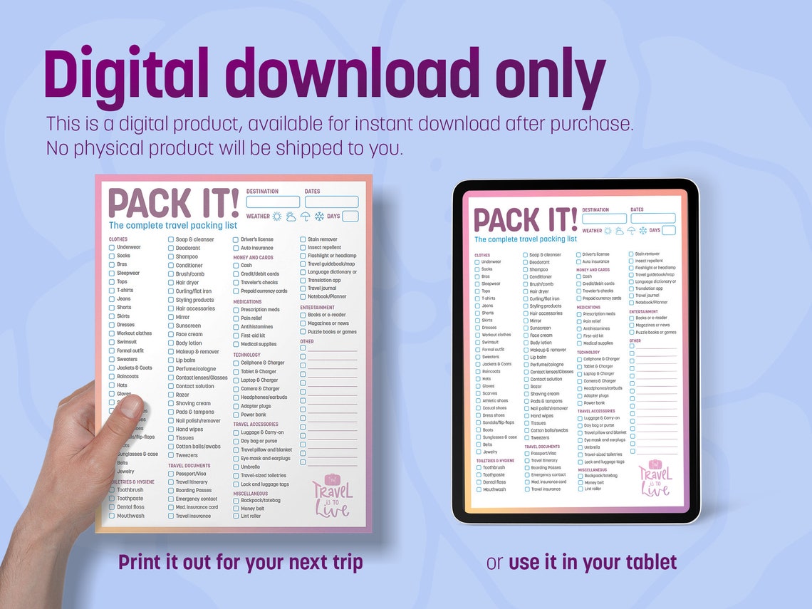 Packing Checklist PRINTABLE, EDITABLE, Travel Checklist, Filled and ...