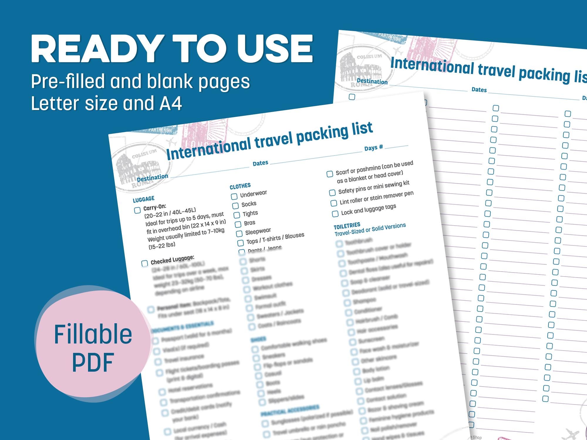 International Travel Packing Checklist PDF – Printable Vacation Planner ...