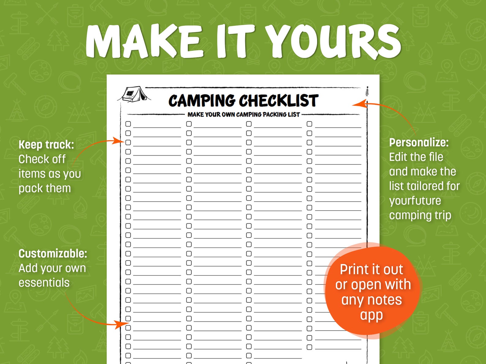 Camping Checklist Editable Printable, Camp Tent Packing List, Pre ...