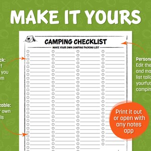 Camping Checklist Editable Printable, Camp Tent Packing List, Pre ...