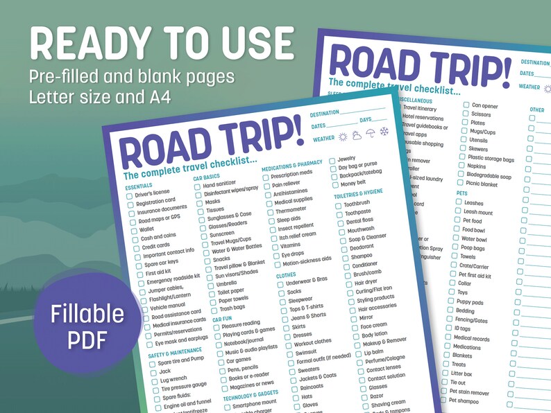 Road Trip Checklist Planner, Printable and Digital, Your Travel ...