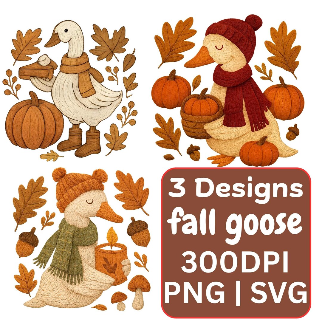 Cozy Fall Goose Embroidery Clipart Pack | Autumn Goose PNG Designs ...