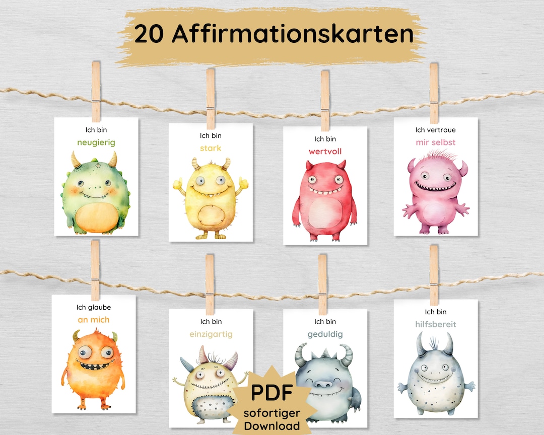20 Monster Affirmation Cards for Children to Print, PDF Encouraging ...