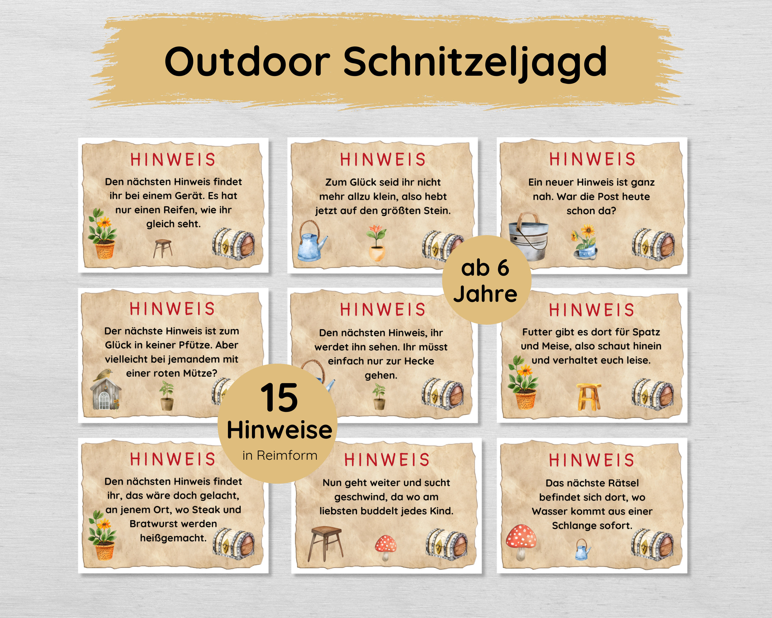 Outdoor Schnitzeljagd für Kinder ab 6 Jahren, Garten Schatzsuche mit 15 Hinweisen in Reimform ...