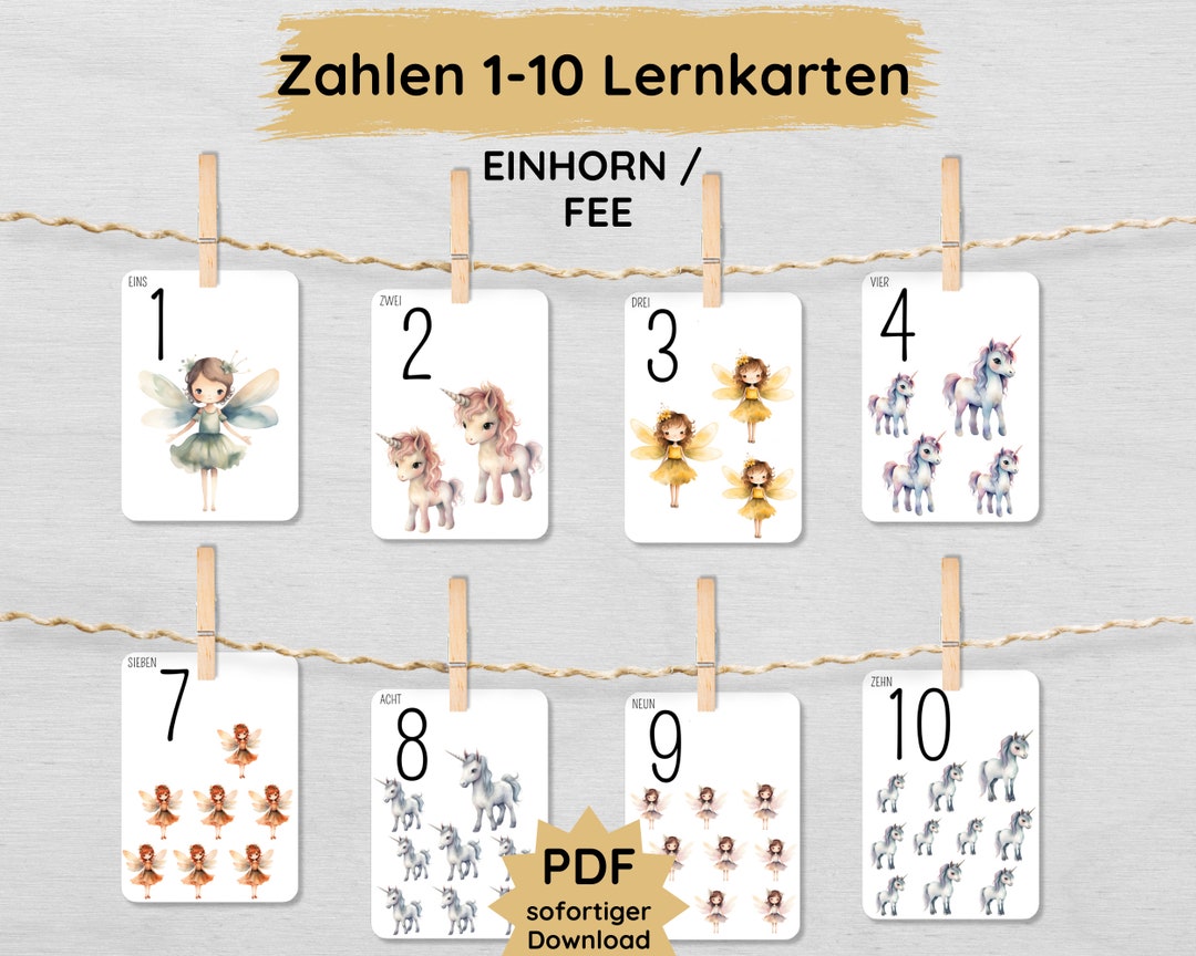 Unicorn & Fairy Number Cards for Children to Print Out, Flashcards to ...