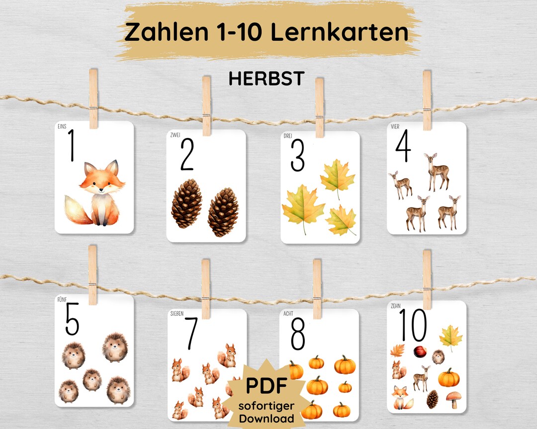 Autumn Numbers 1 to 10 Learning Cards for Children to Print, Flashcards ...