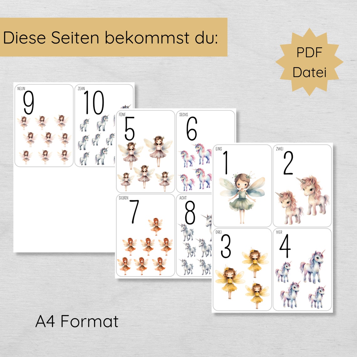 Unicorn & Fairy Number Cards for Children to Print Out, Flashcards to ...