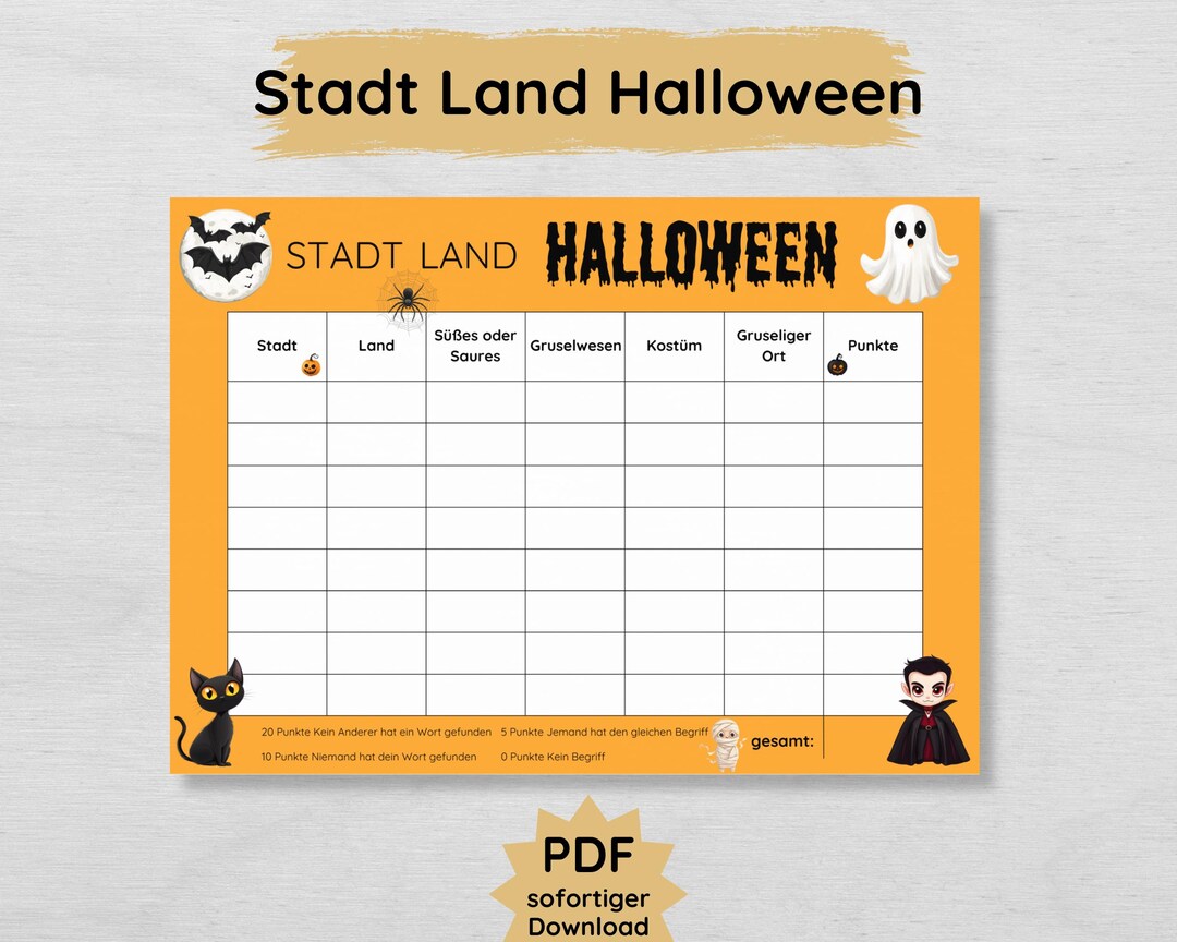 City Country Halloween Game Template to Print Out, Fun Game Idea for ...