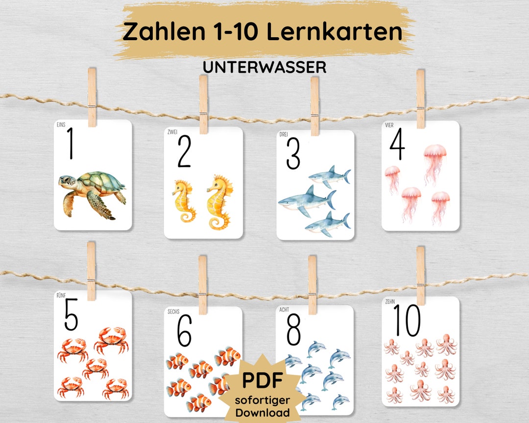 Underwater Numbers 1-10 Flashcards for Children to Print Out, Learning ...