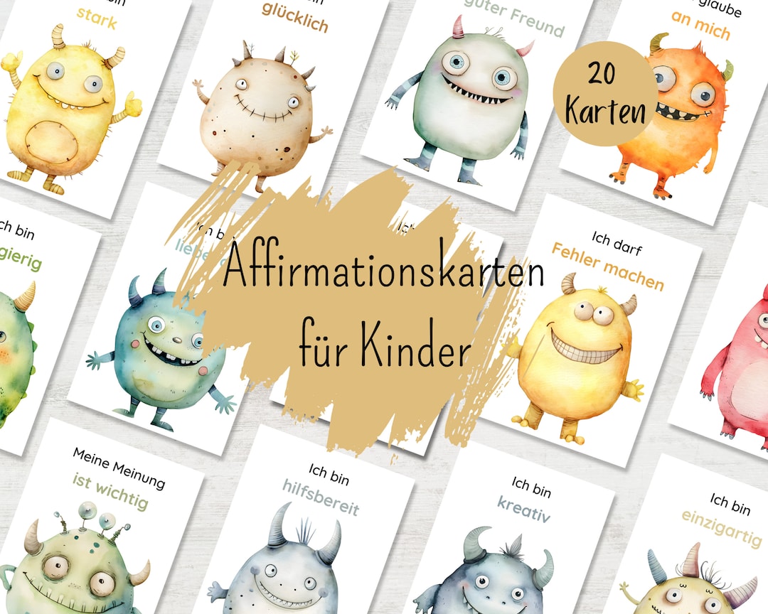20 Affirmationskarten für Kinder mit niedlichen Monsterchen, Mutmacher Motivationskarten zum ...