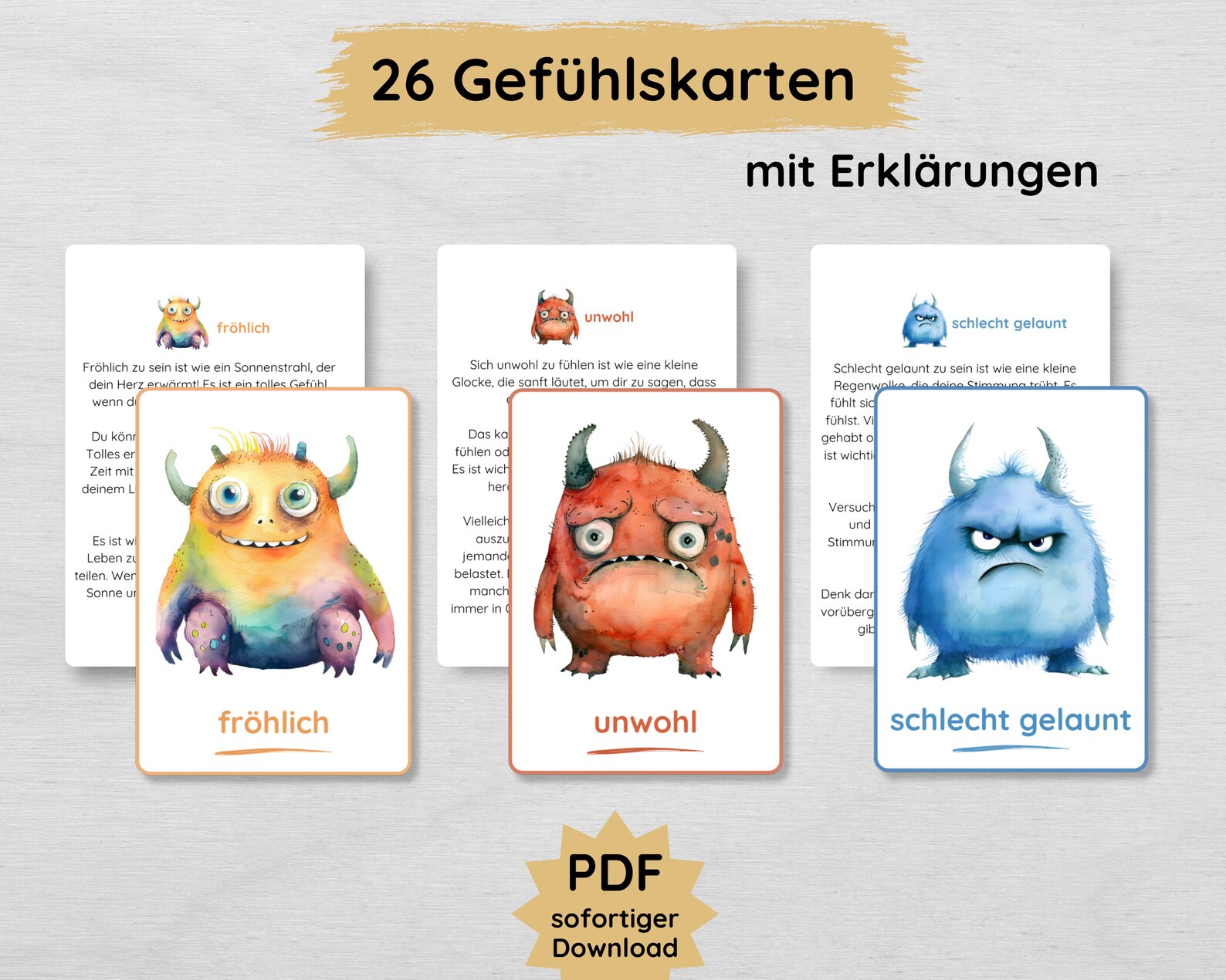 Monster Emotion Cards for Children With Appropriate Explanation to ...