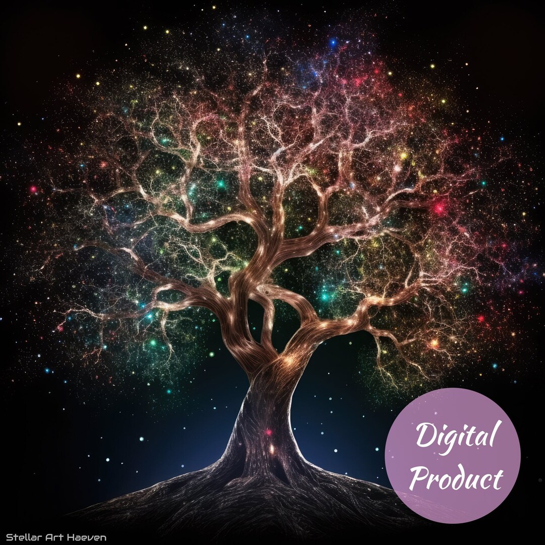 Shimmering Tree of Life on Night Sky, Yggdrasil, Printable Wall Decor/art, Vibrant, Home Office ...