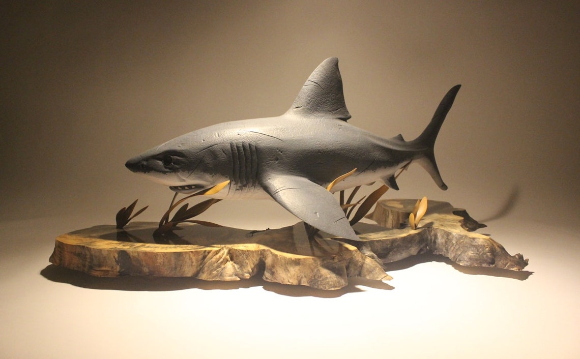 Carved Great White Shark. Shark Carved From Basswood and Displayed on ...