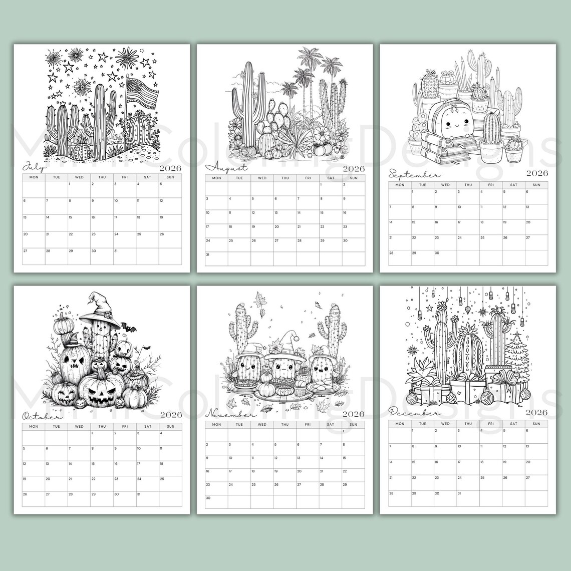 Cactus Coloring Calendar 2026: Printable Monthly Planner (digital ...