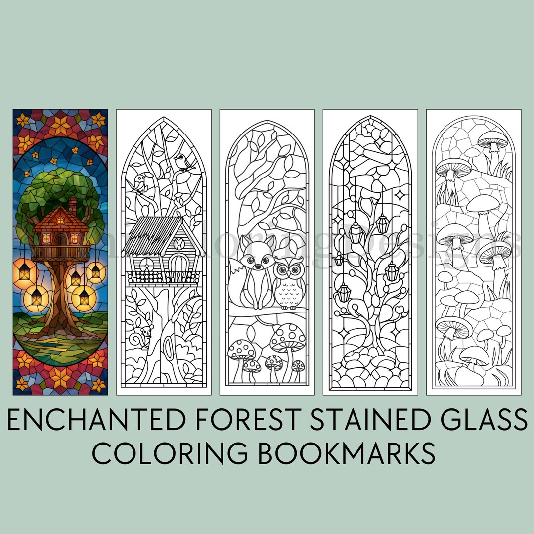 Enchanted Forest Stained Glass Coloring Bookmark Printable, Magical ...