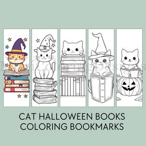 Cat Halloween Coloring Bookmarks: Books, Pumpkins (printable Digital ...