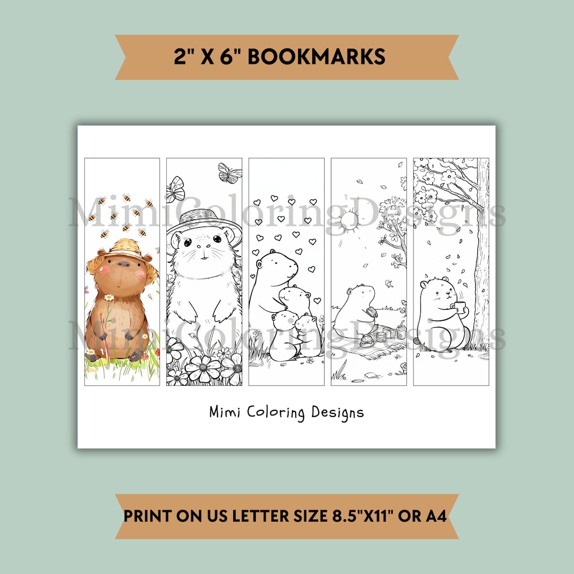 Capybara Coloring Bookmarks: Printable Animal Designs (digital Download ...