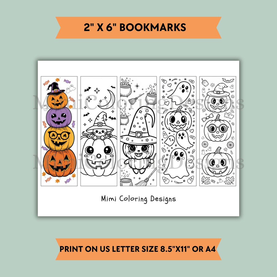 Kawaii Halloween Pumpkin Coloring Bookmarks: Printable Book Lover Gift ...