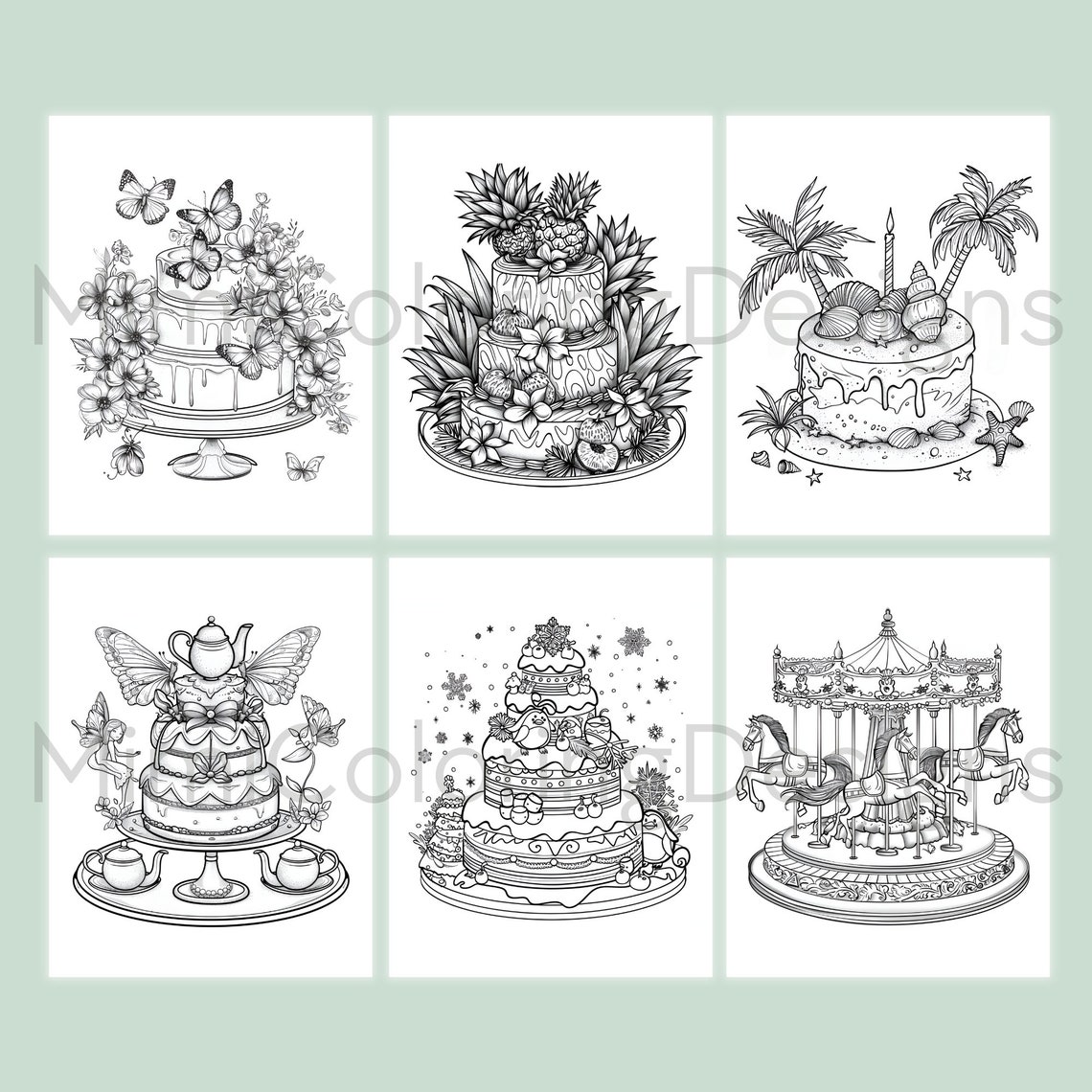 24 Cakes Coloring Pages, for Adults and Kids, Printable Coloring Book ...