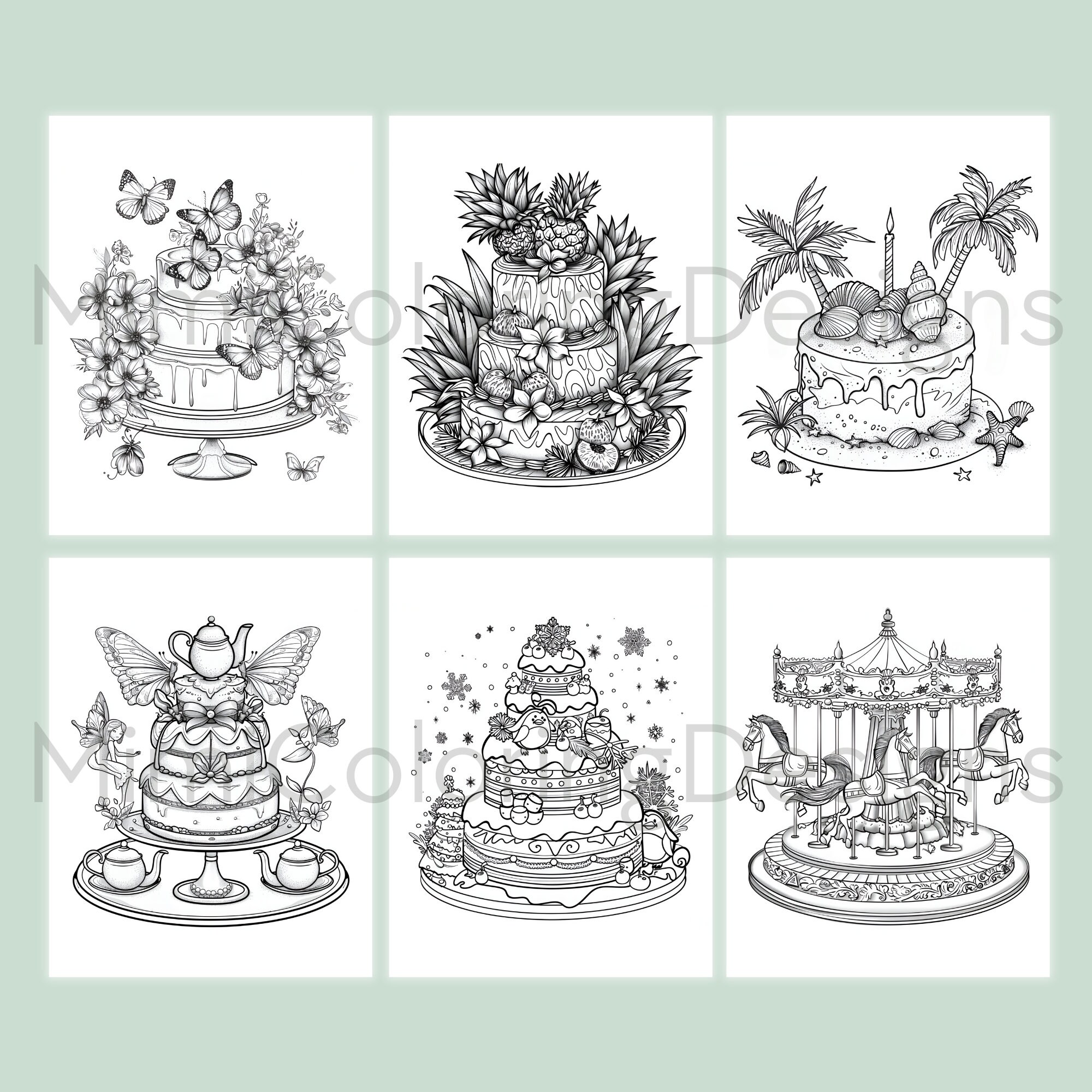 24 Cakes Coloring Pages, for Adults and Kids, Printable Coloring Book ...