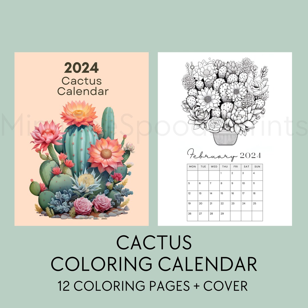 Cactus Coloring Calendar 2024 Printable, for Cactus Lovers, 2024 ...