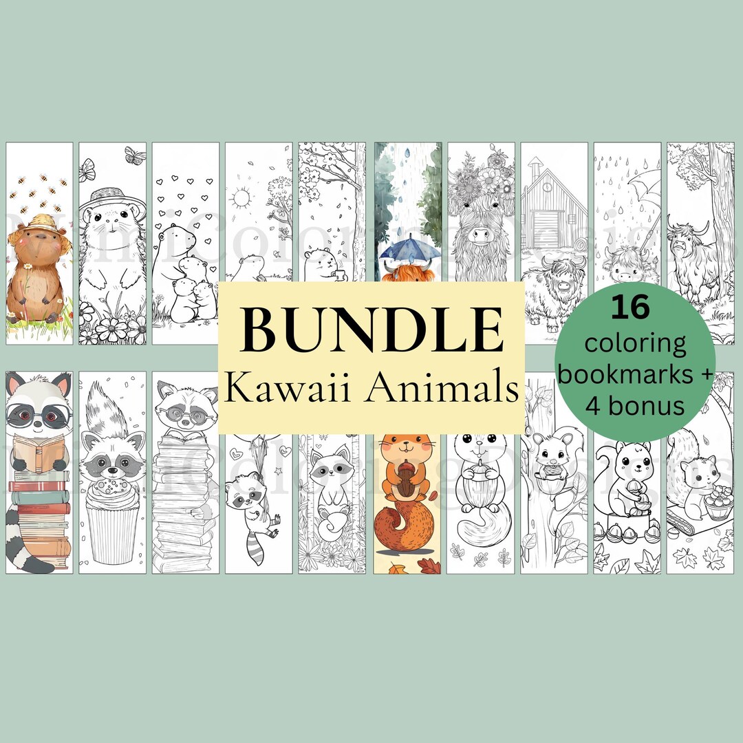 Kawaii Animals Coloring Bookmarks Bundle: Raccoon, Squirrel, Cow ...