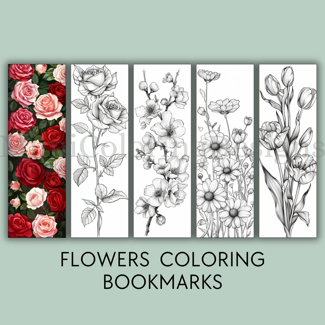 Flowers Coloring Bookmarks Printable, for Flower Lover, Flowers ...