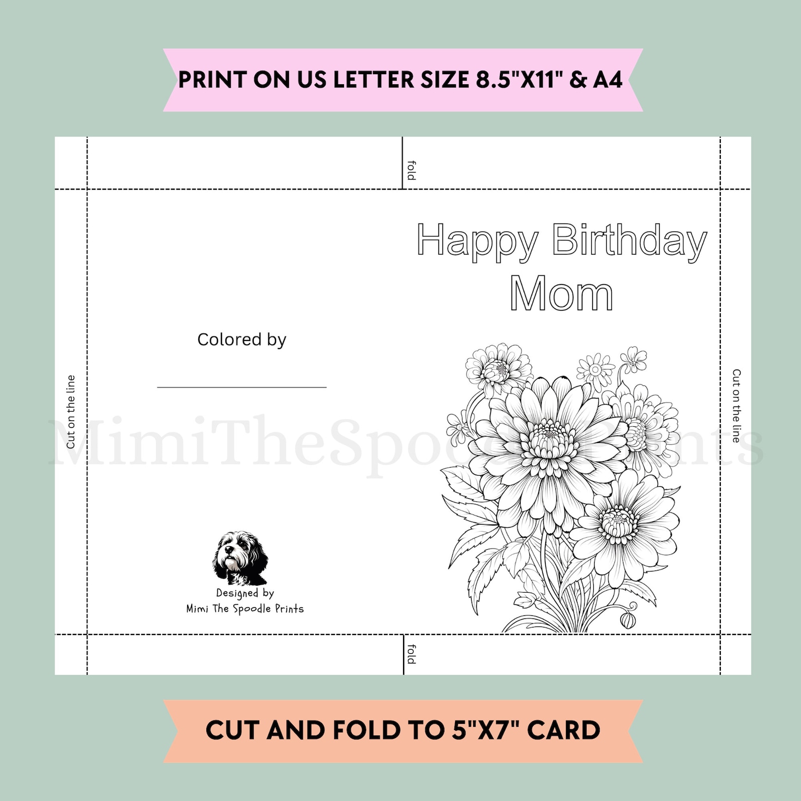 Coloring Birthday Card Printable, Mom Birthday Card, Happy Birthday ...