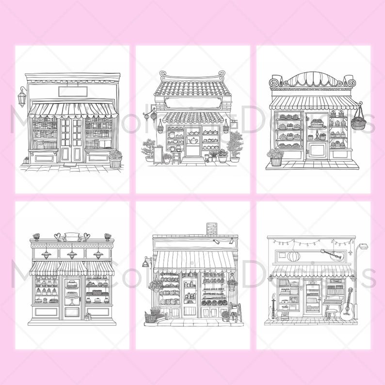 Storefronts Coloring Book: 24 Urban Sketch Pages for Adults (digital ...