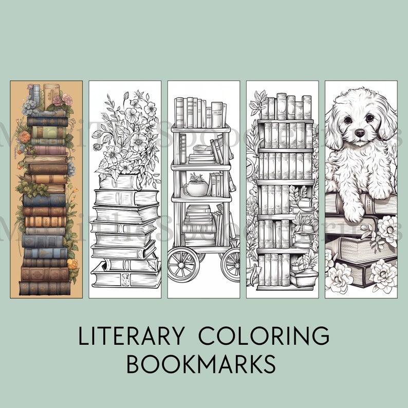Literary Bookmarks Coloring Page: Vintage Books, Reading Nook (digital ...