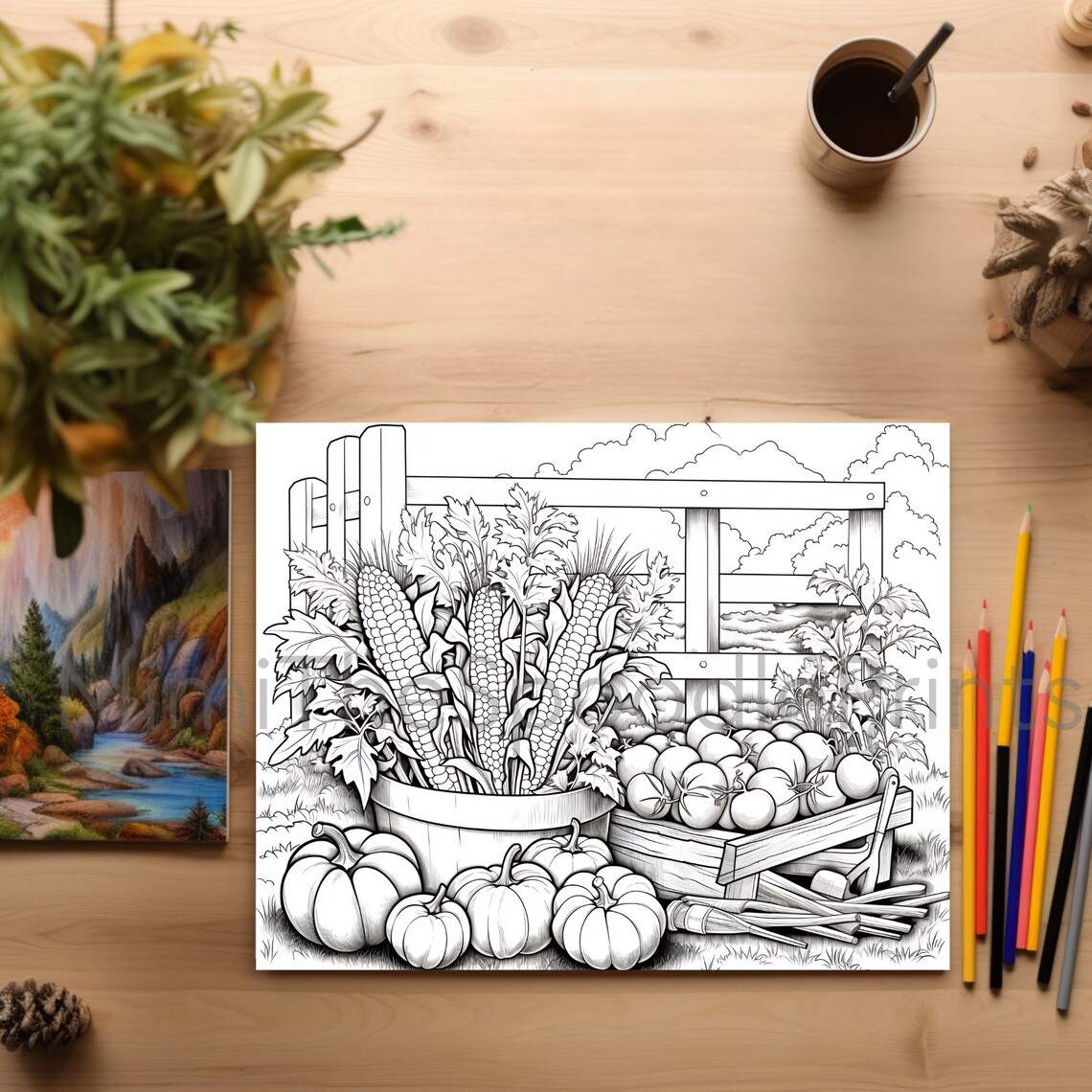 4 Vegetable Garden Coloring Pages, for Adults, Printable Coloring Book ...