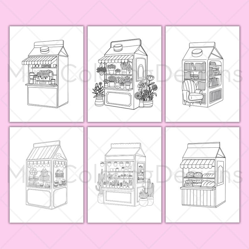 Milk Carton Storefronts Coloring Pages: Kawaii Printable Book (PDF) - Etsy