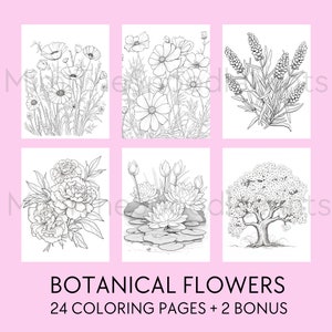 24 Botanical Flowers Coloring Pages for Adults, Printable Coloring Book ...