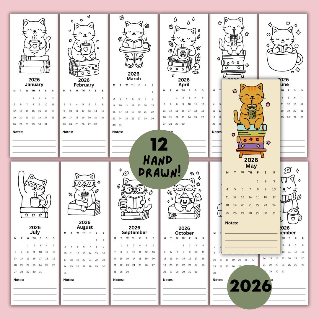 2026 Calendar Bookmarks Printable, Cat Bookish Coffee Bookmark Set ...