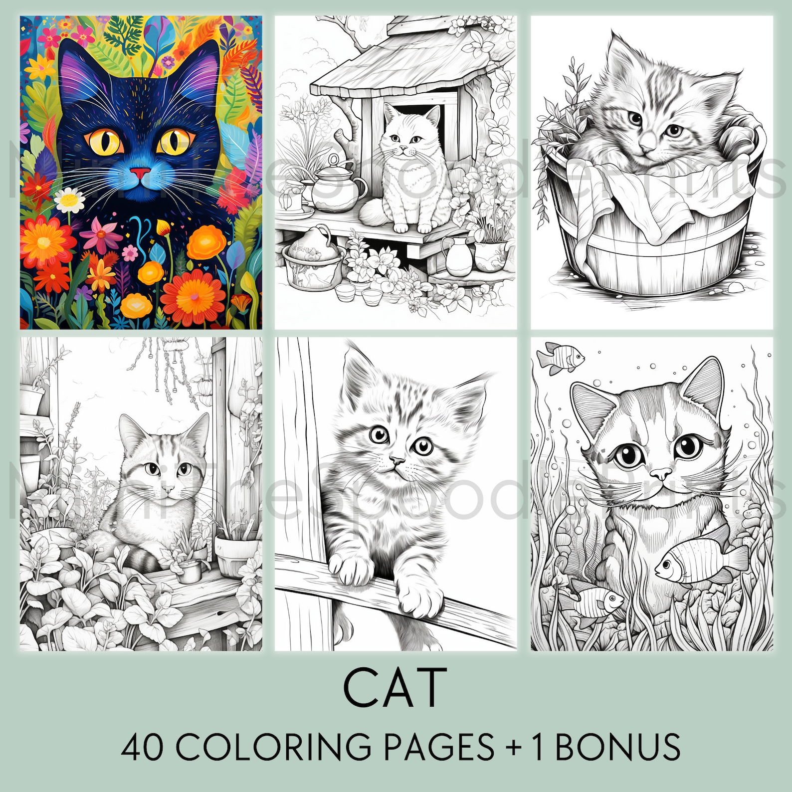 40 Cat Coloring Pages for Adults, Printable Coloring Book, Cute Cat ...