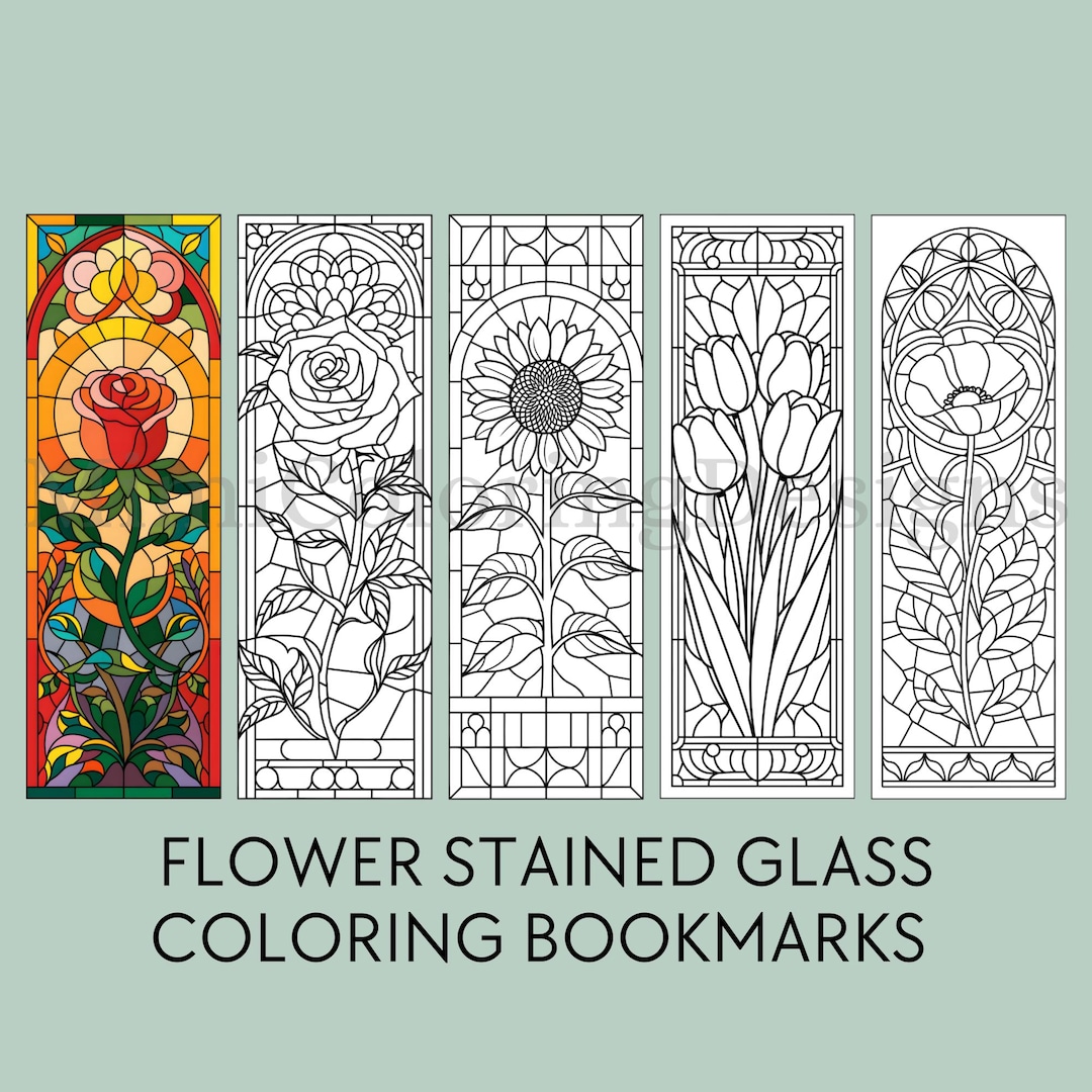 Floral Stained Glass Coloring Bookmarks Printable, Flower Coloring ...
