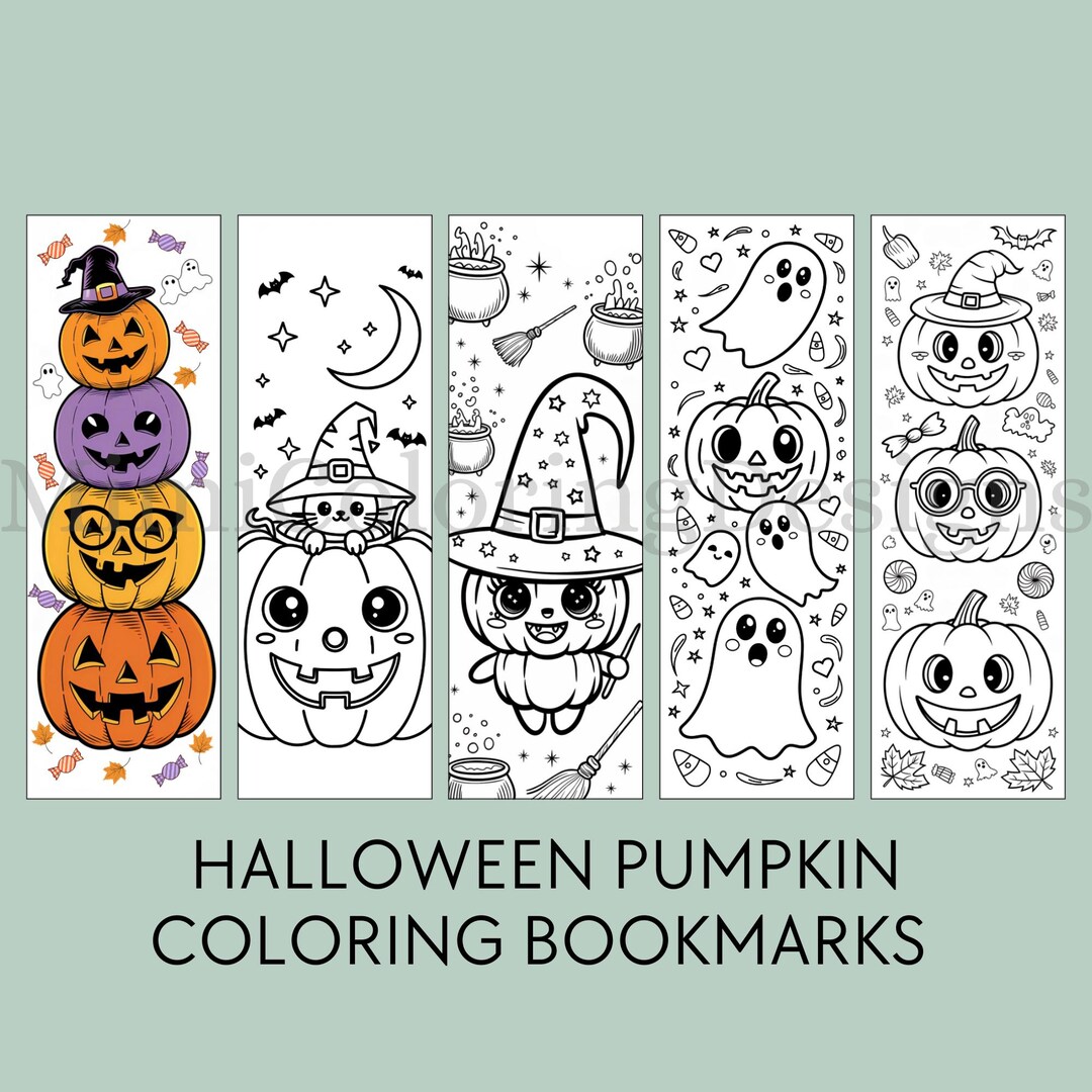 Kawaii Halloween Pumpkin Coloring Bookmarks: Printable Book Lover Gift ...