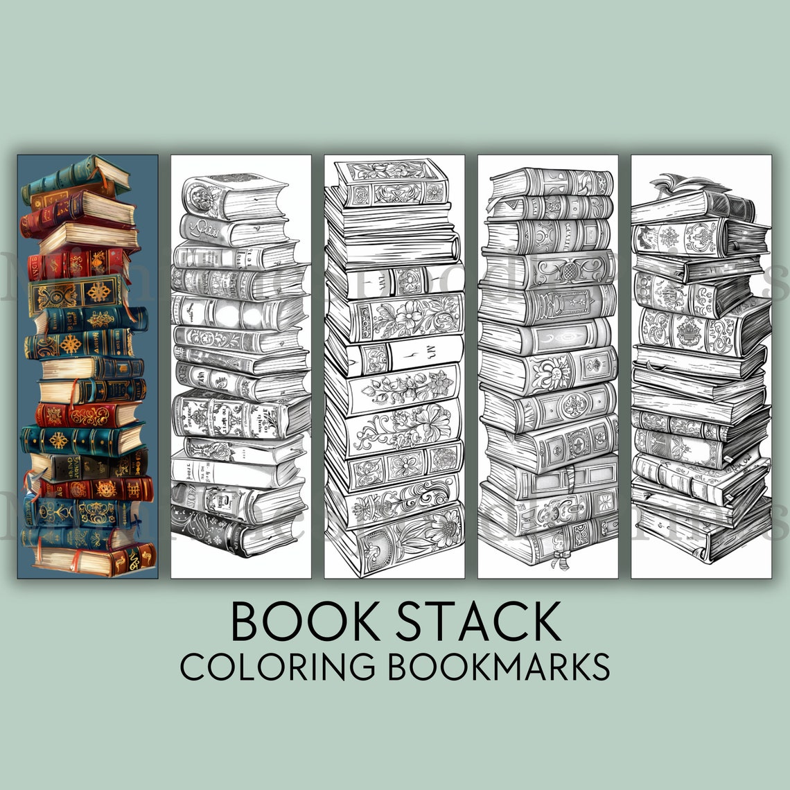 Book Stack Coloring Bookmarks Printable for Book Lover, Literary ...