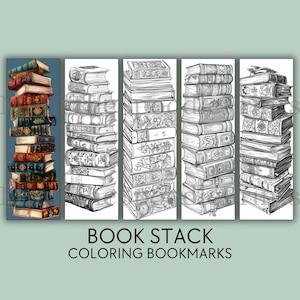 Book Stack Coloring Bookmarks Printable for Book Lover, Literary ...