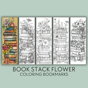 Book Stack Flower Coloring Bookmarks Printable for Book Lover, Literary ...