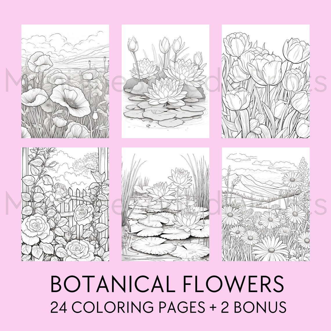 24 Botanical Flowers Coloring Pages, for Adults, Printable Coloring ...