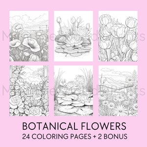 24 Botanical Flowers Coloring Pages for Adults, Printable Coloring Book ...