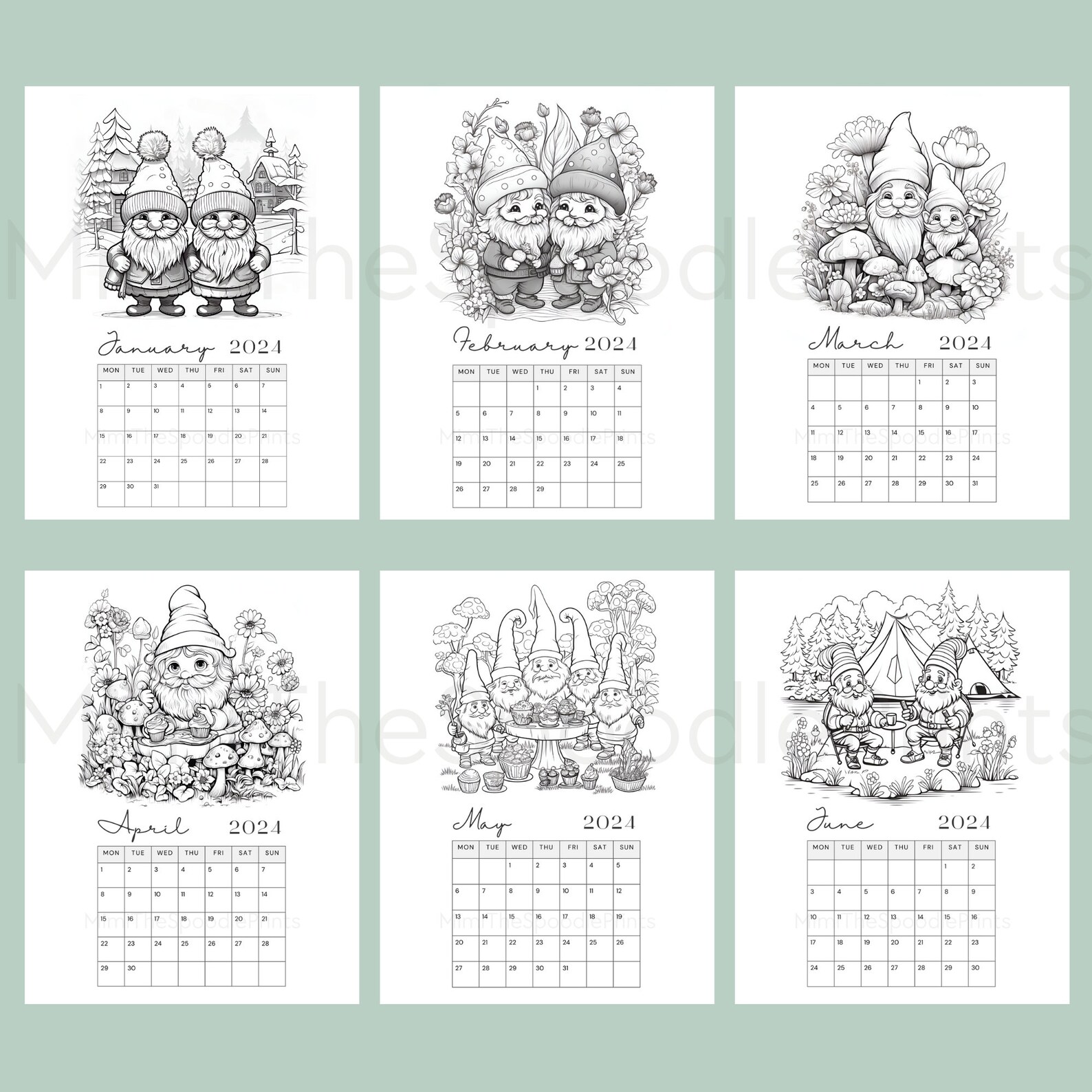 Gnome Coloring Calendar 2024 Printable, for Gnome Lovers, 2024 Monthly ...