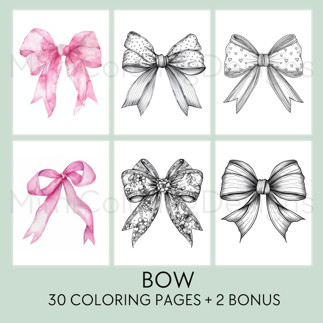 30 Bow Coloring Pages for Adults and Kids, Printable Coloring Book ...